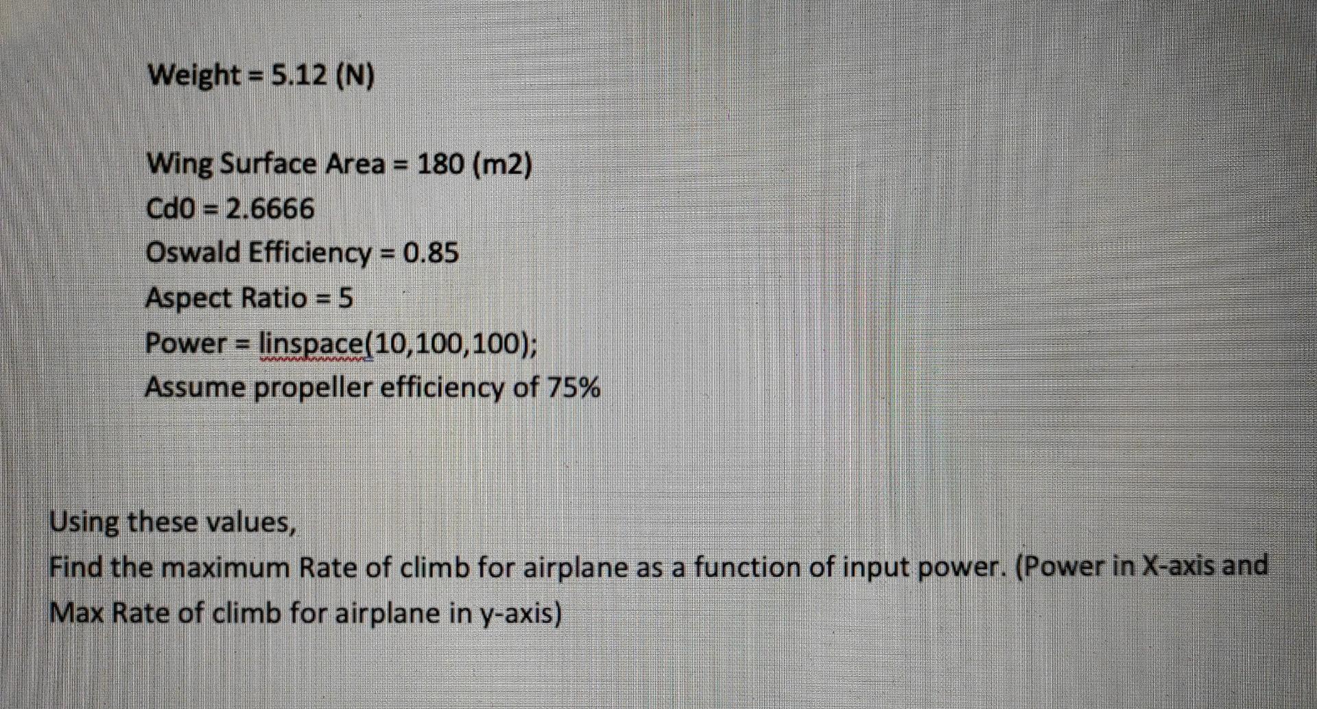 Solved Weight = 5.12 (N) Wing Surface Area = 180 (m2) Cd0= | Chegg.com