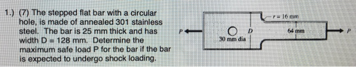 Solved 1.) (7) The stepped flat bar with a circular hole, is | Chegg.com