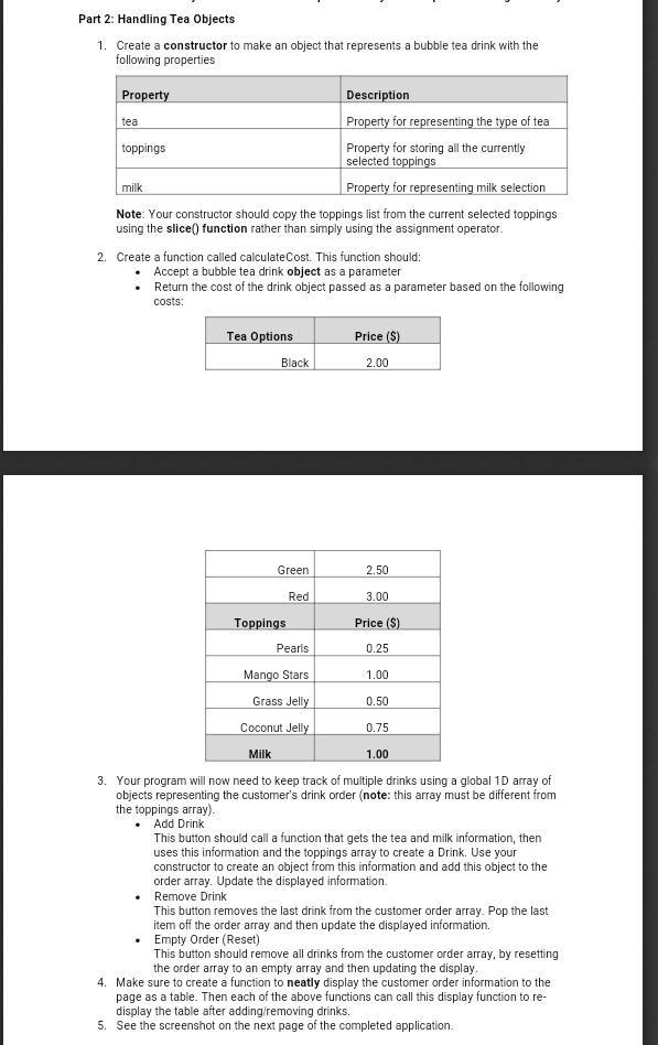 Solved Part 2: Handling Tea Objects 1. Create a constructor | Chegg.com