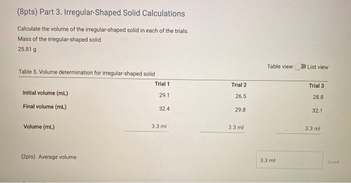 Solved (8pts) Part 3. Irregular-Shaped Solid Calculations | Chegg.com