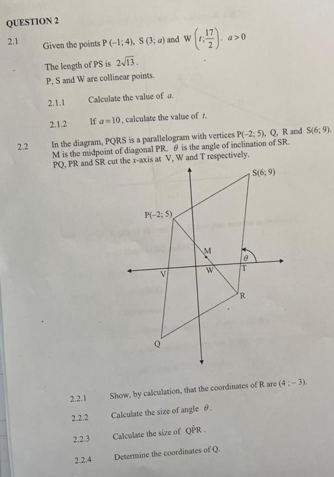 Solved QUESTION 2 2.1 w (1,17). a> Given the points P (-1; | Chegg.com