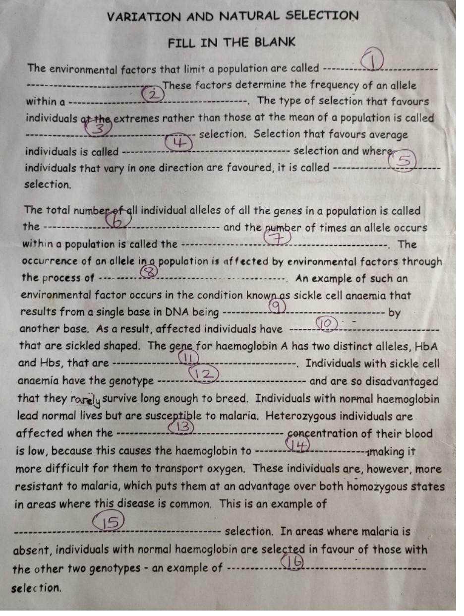 Solved VARIATION AND NATURAL SELECTION FILL IN THE BLANK The | Chegg.com