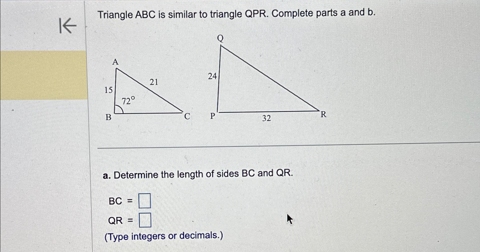 Solved Triangle ABC is similar to triangle QPR. ﻿Complete | Chegg.com