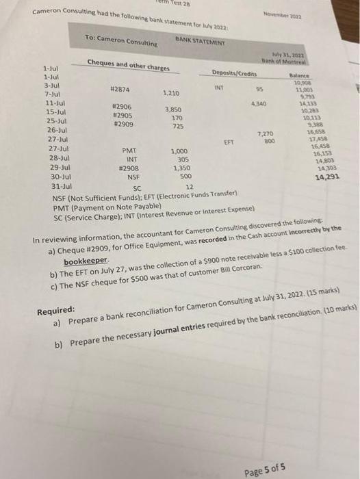 Solved NSF (Not Sufficient Funds); EFT (Electe PMT (Payment | Chegg.com