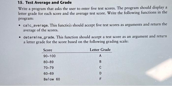 Solved 15. Test Average and Grade Write a program that asks | Chegg.com