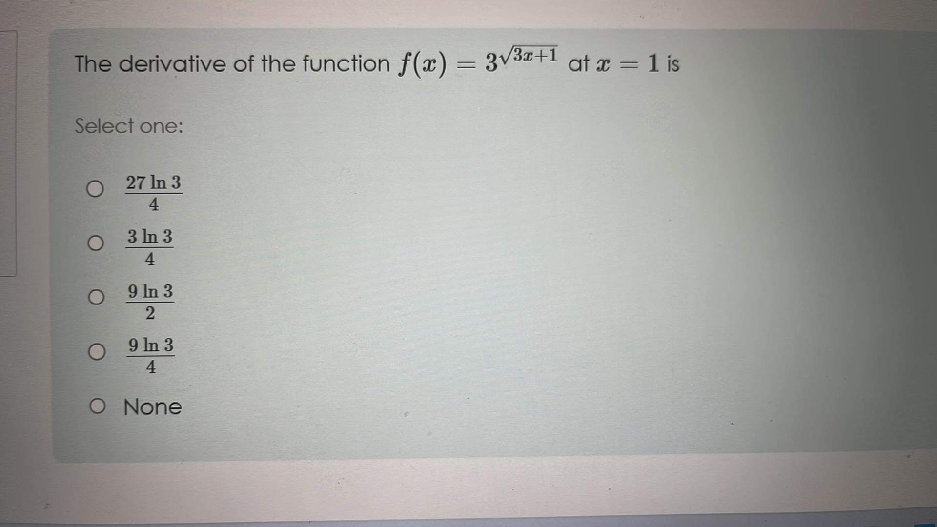 Solved The derivative of the function f(x)=33x+12 ﻿at x=1 | Chegg.com