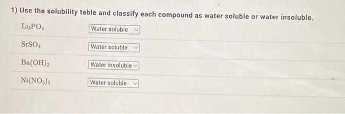 Solved 1) Use the solubility table and classify each | Chegg.com