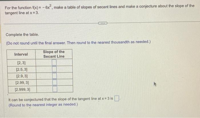 Solved For the function f(x)=−6x2, make a table of slopes of | Chegg.com