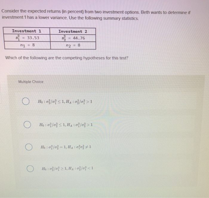 Solved Consider the expected returns (in percent) from two | Chegg.com