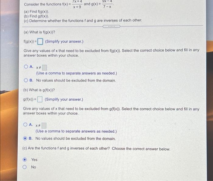 Solved consider the function F (X)= 7x+4/x+9 and g(x) | Chegg.com
