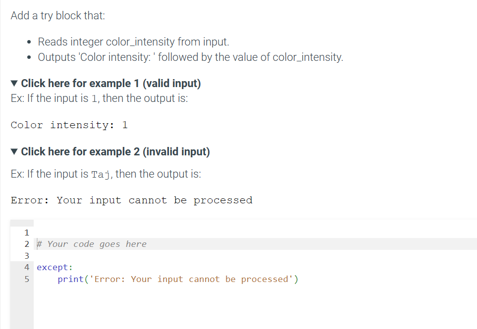 Solved Add a try block that:Reads integer color_intensity | Chegg.com