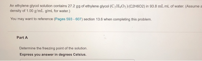 Solved An ethylene glycol solution contains 272 gg of | Chegg.com