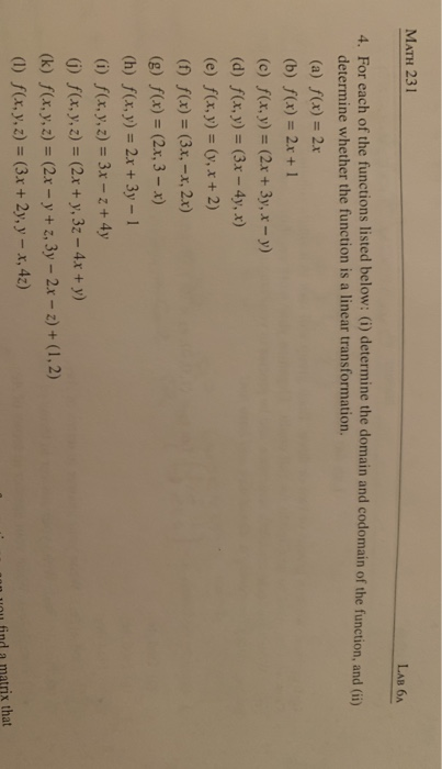 Solved MATH 231 LAB 6A 4. For each of the functions listed | Chegg.com