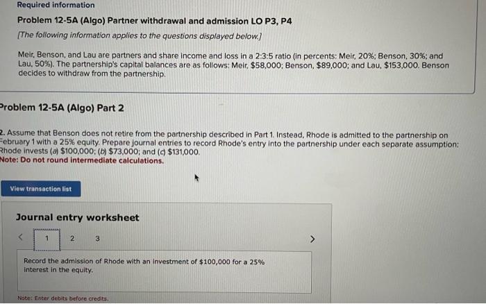 Solved Problem 12-5A (Algo) Partner withdrawal and admission | Chegg.com