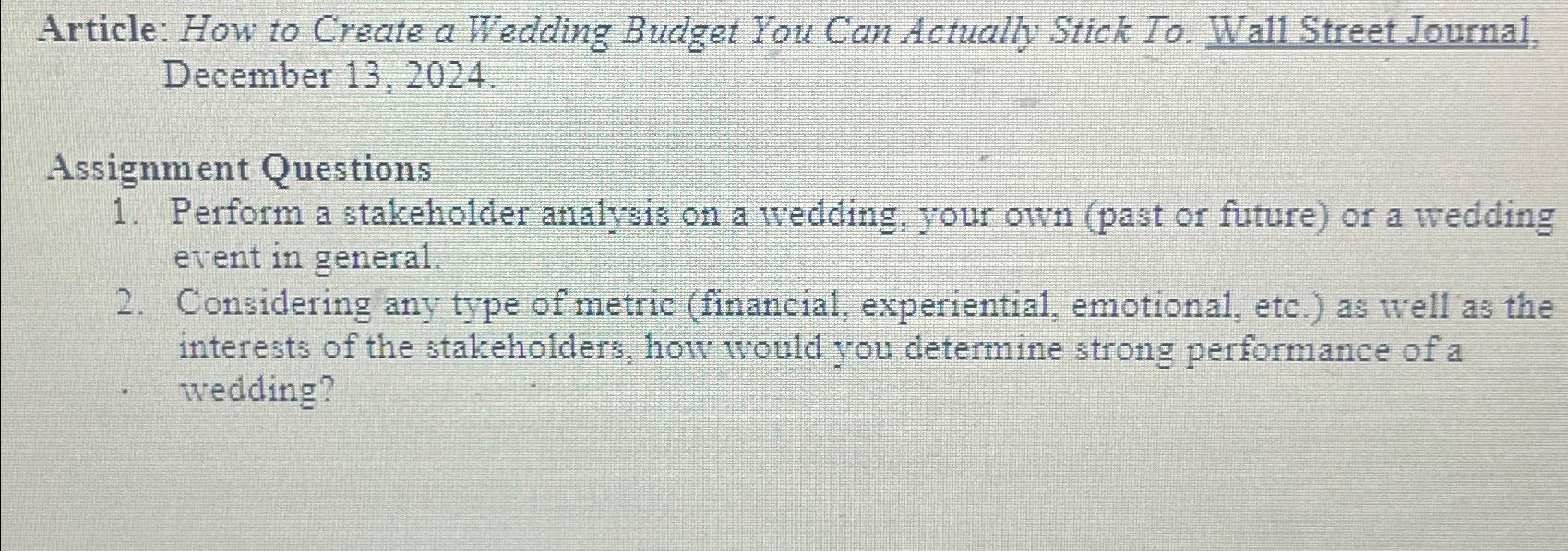 Solved Article: How to Create a Wedding Budget You Can | Chegg.com