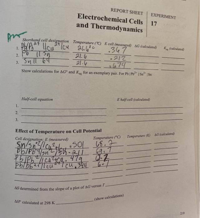 Solved REPORT SHEET Electrochemical Cells and Thermodynamics | Chegg.com