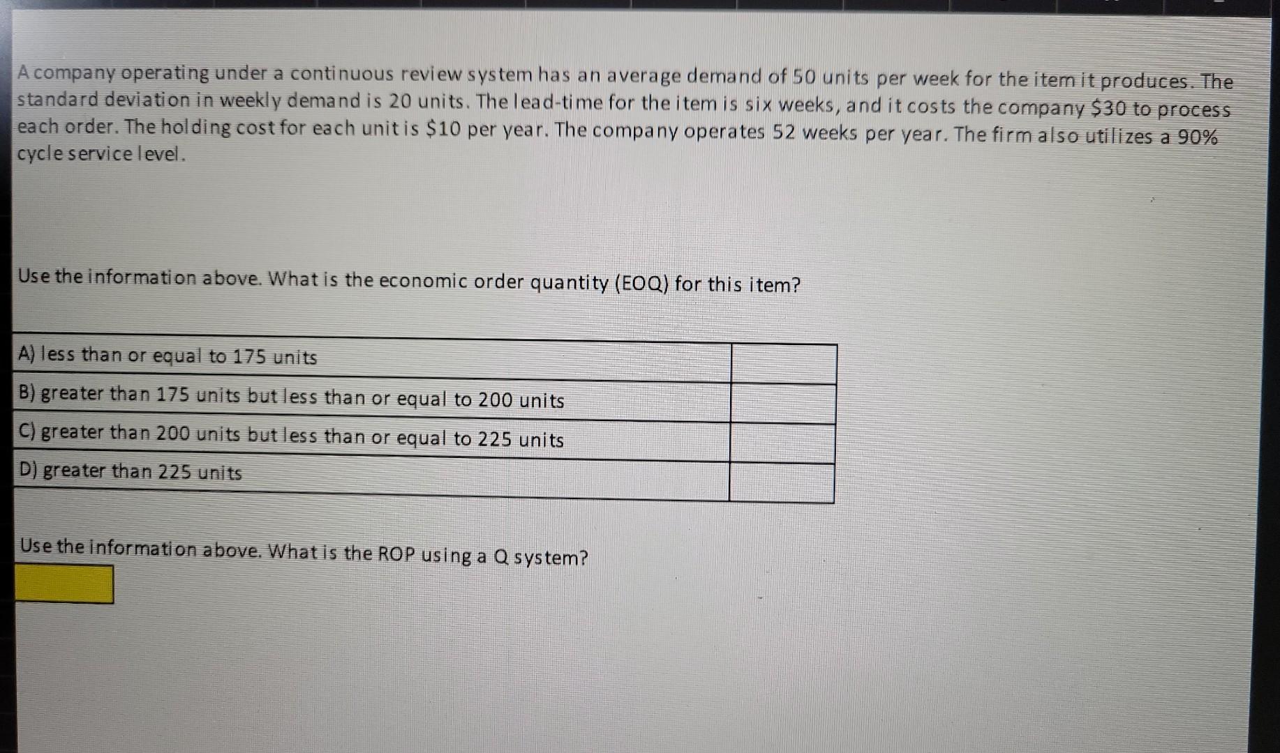 Solved A company operating under a continuous review system | Chegg.com