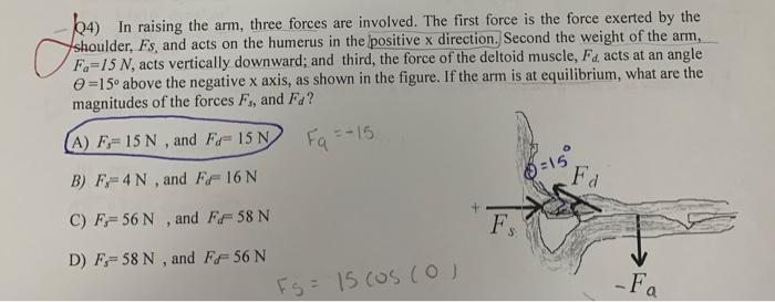 Solved Q4) In raising the arm, three forces are involved. | Chegg.com