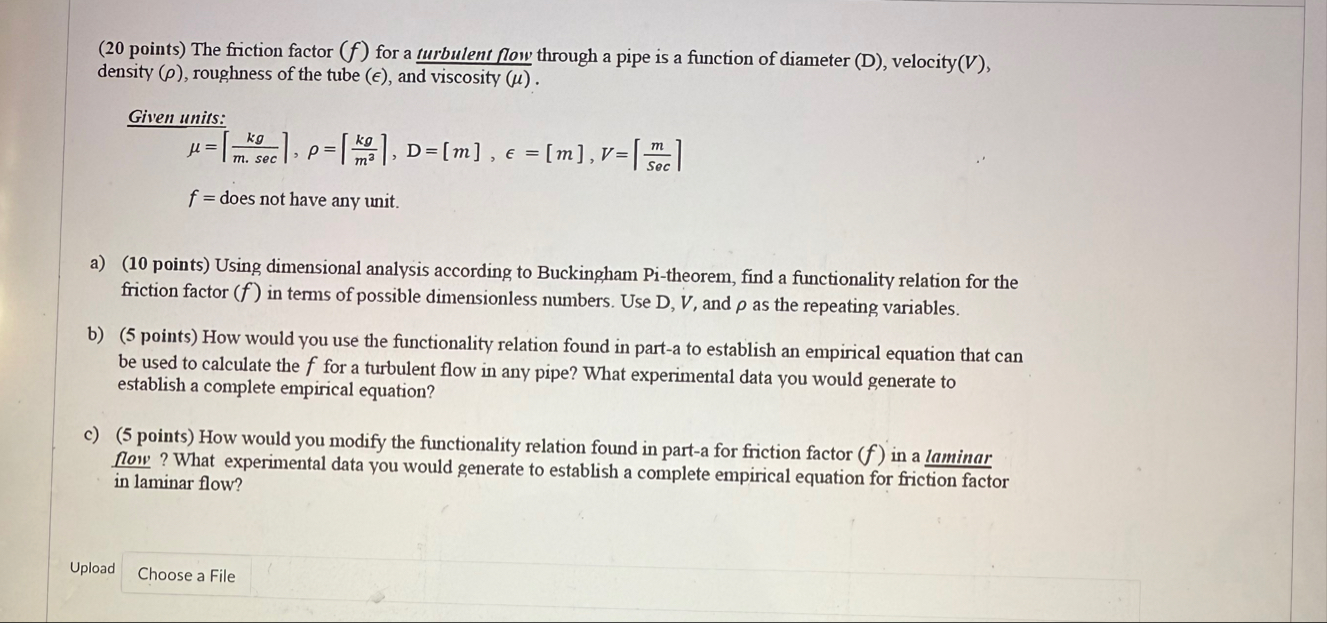 Solved (20 ﻿points) ﻿The friction factor (f) ﻿for a | Chegg.com