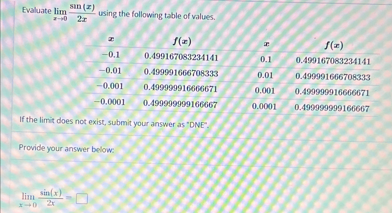 Solved Evaluate limx→0sin(x)2x ﻿using the following table of | Chegg.com