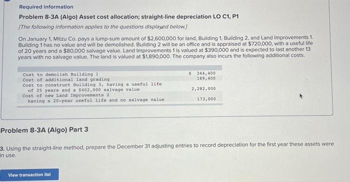 Solved Required information Problem 8-3A (Algo) Asset cost | Chegg.com