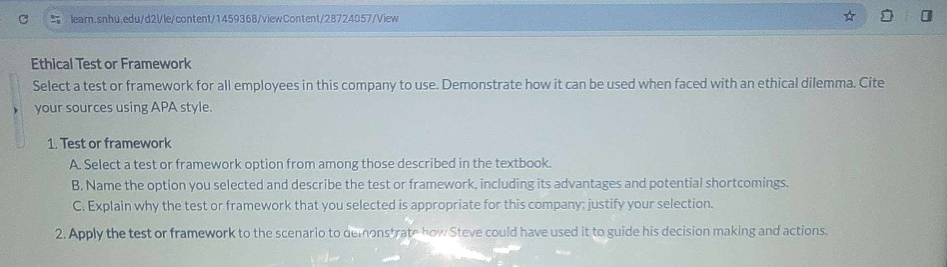 Solved Ethical Test or FrameworkSelect a test or framework | Chegg.com