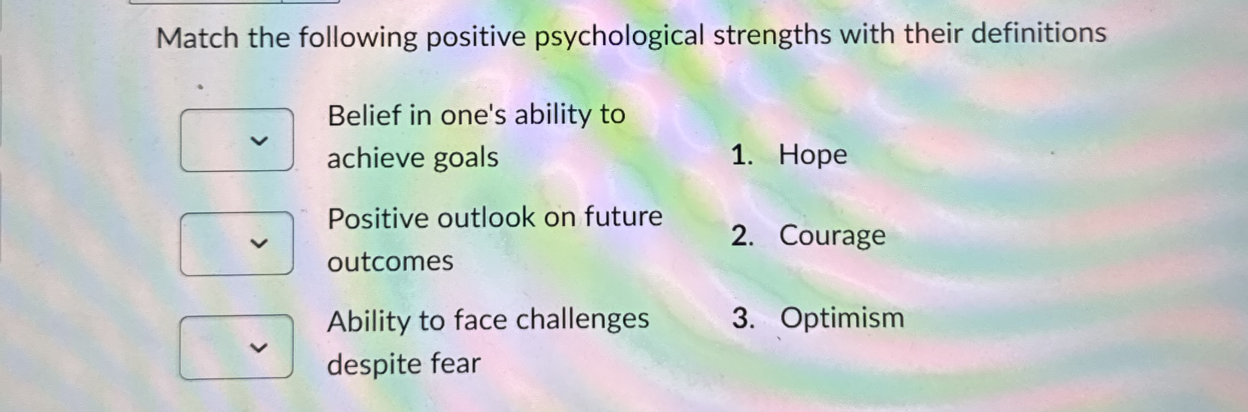 Match the following positive psychological strengths | Chegg.com