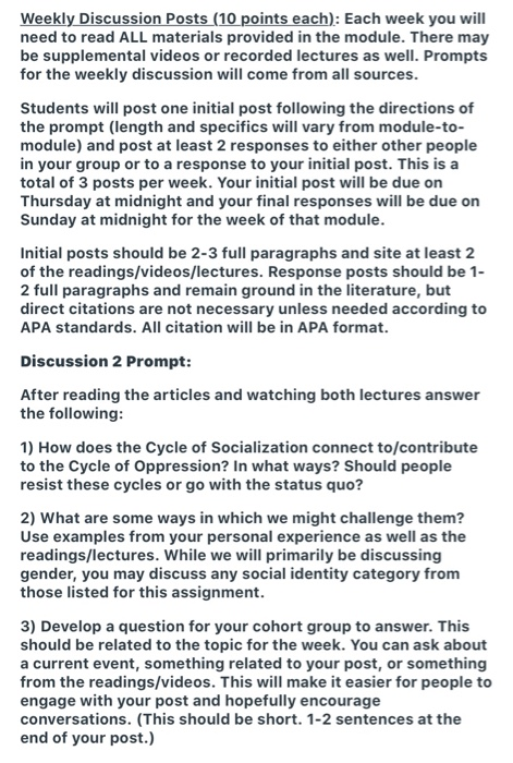 Weekly Discussion Posts (10 points each): Each week | Chegg.com