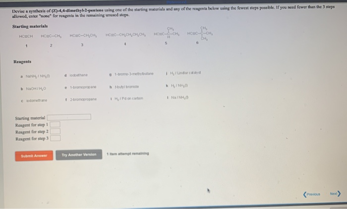Solved Devise a synthesis of (Z)-4,4-dimethyl-2-pentene | Chegg.com