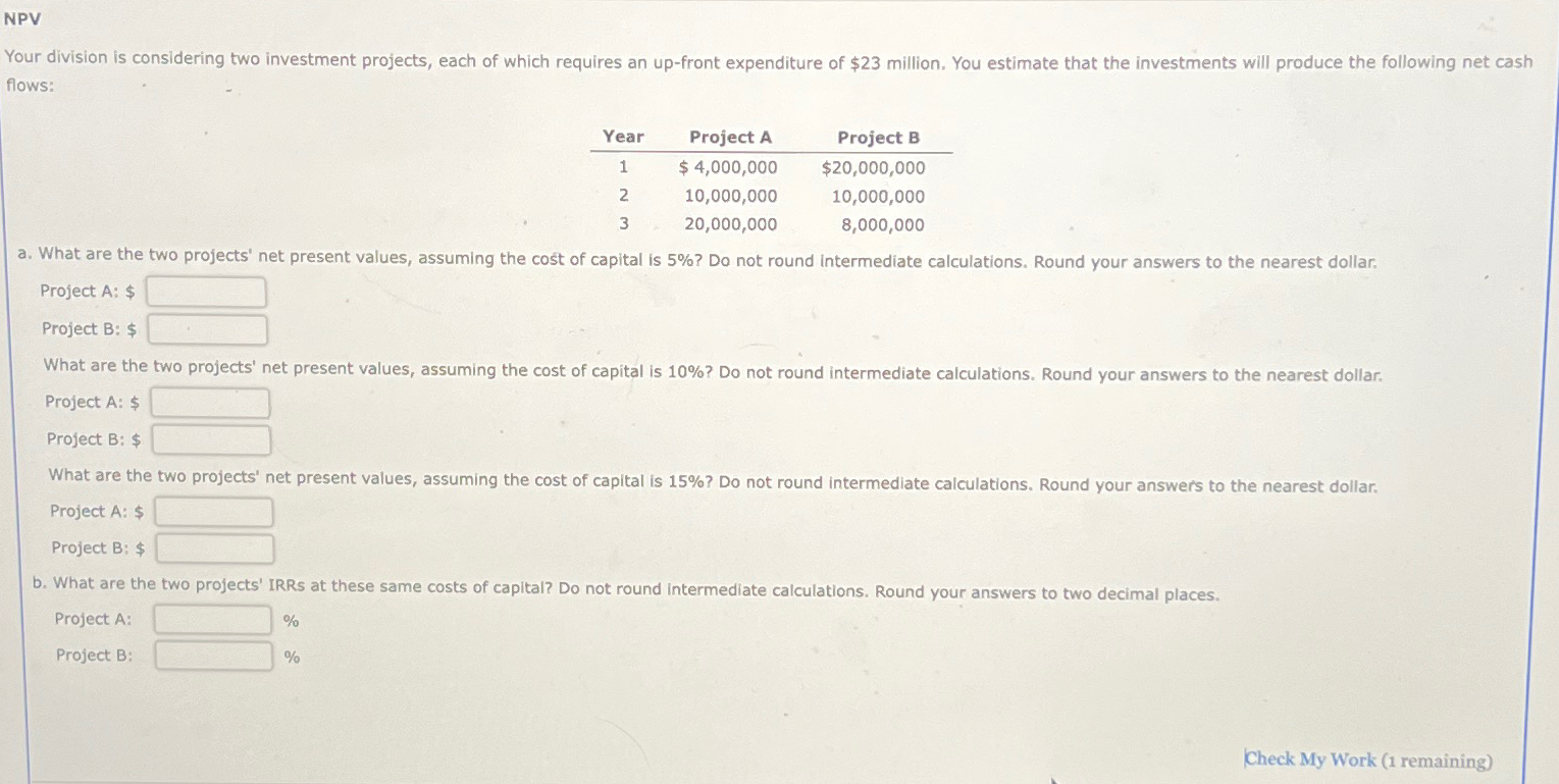 Solved NPV flows:\table[[Year,Project A,Project | Chegg.com
