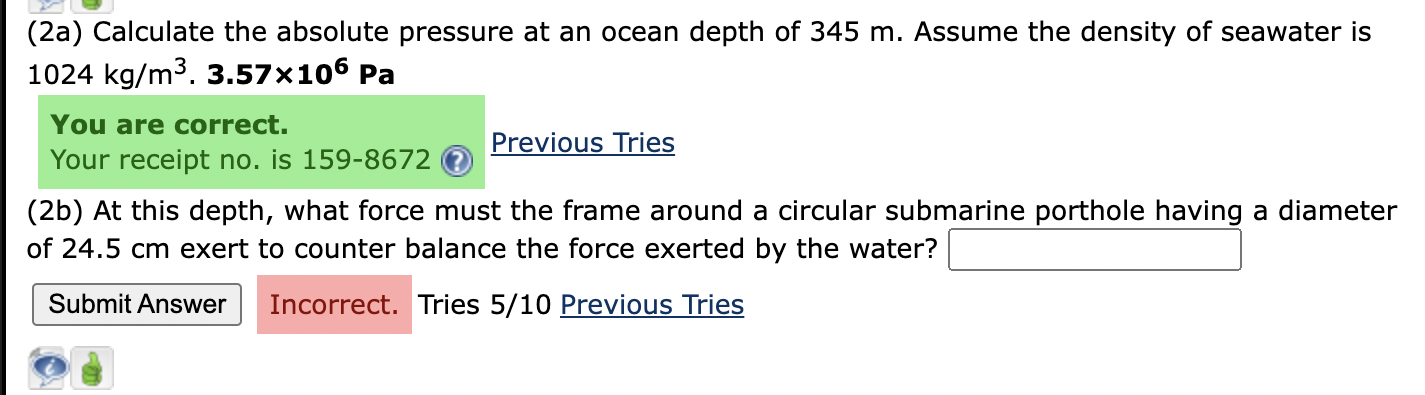Solved (2a) ﻿Calculate the absolute pressure at an ocean | Chegg.com