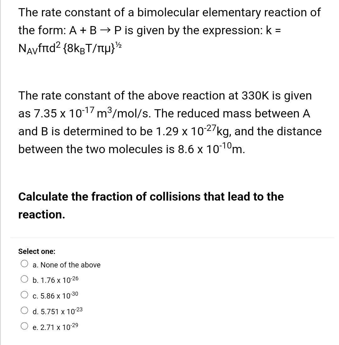 Solved The rate constant of a bimolecular elementary | Chegg.com