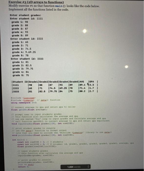 Solved Exercise #3 (2D arrays to functions) Modify exercise | Chegg.com