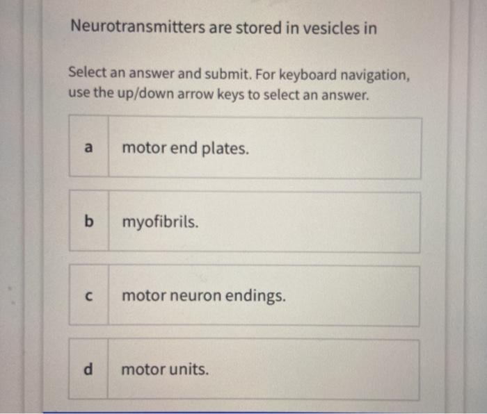 Solved Neurotransmitters are stored in vesicles in Select an | Chegg.com