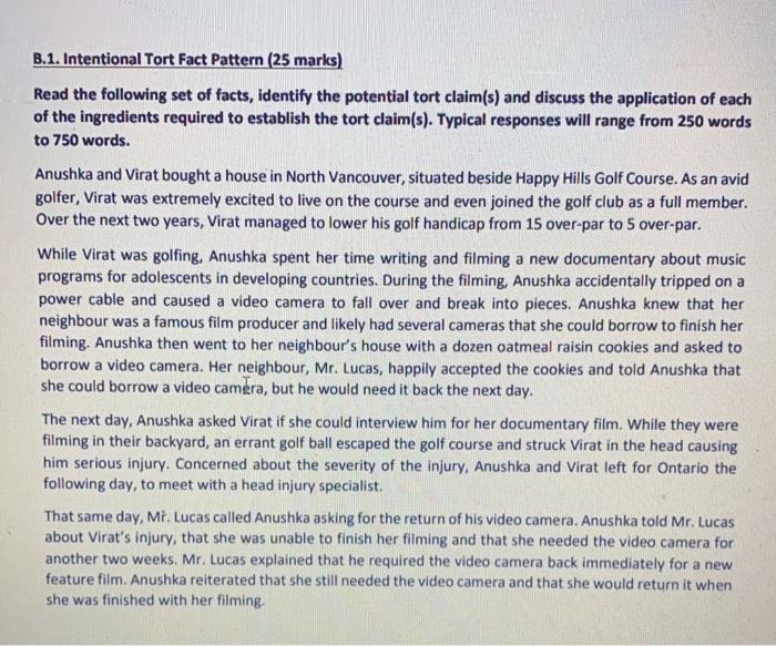 Solved B.1. Intentional Tort Fact Pattern (25 marks) Read | Chegg.com