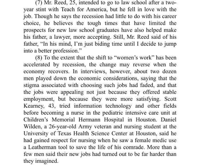 Solved More Men Enter Fields Dominated by Women Shaila Dewan | Chegg.com