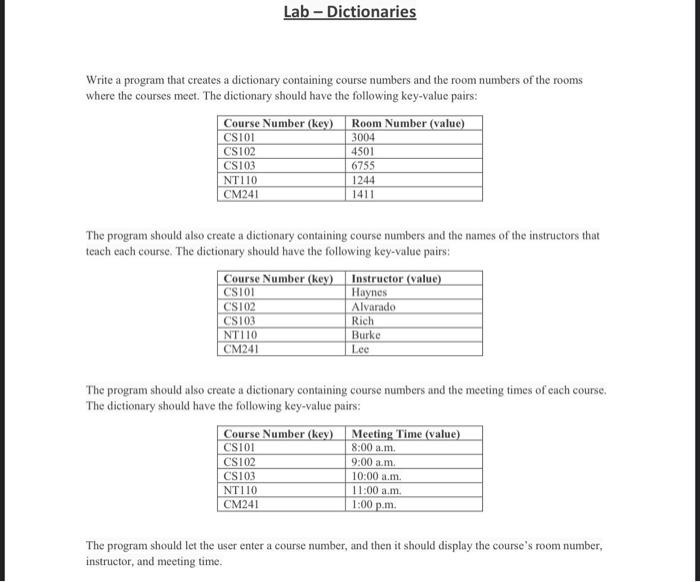 Solved Lab - Dictionaries Write a program that creates a | Chegg.com