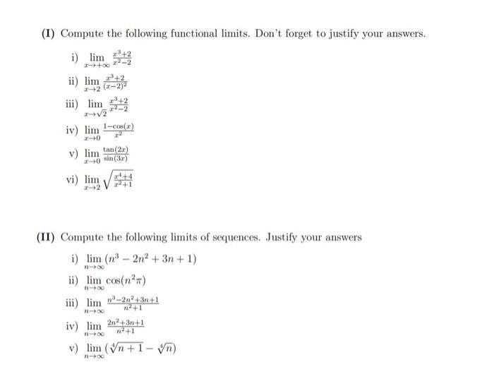 Solved (I) Compute the following functional limits. Don't | Chegg.com