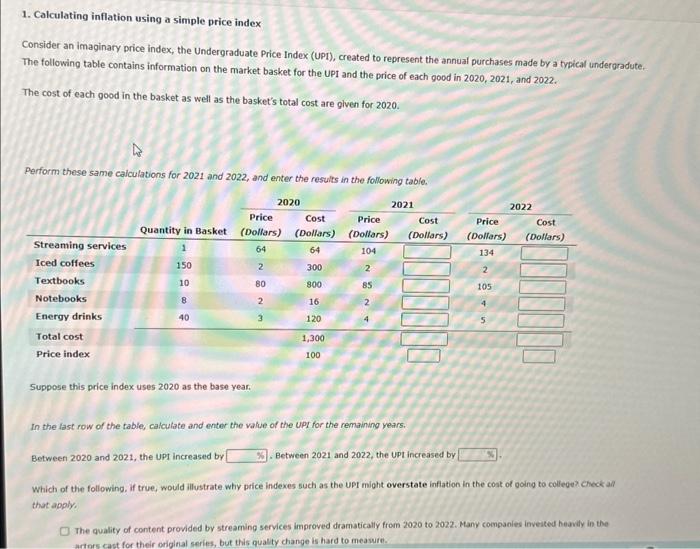 Solved 1. Calculating inflation using a simple price index | Chegg.com