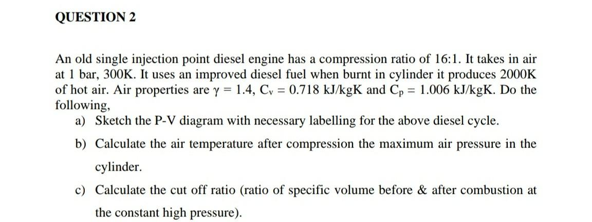 Solved An old single injection point diesel engine has a | Chegg.com