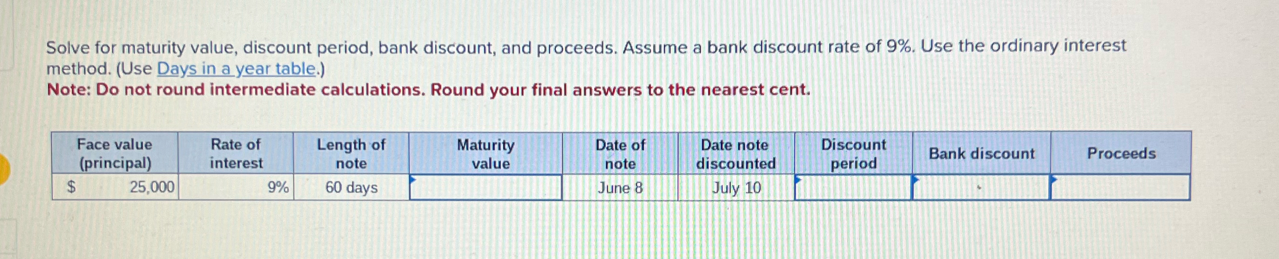 Solved Solve for maturity value, discount period, bank | Chegg.com
