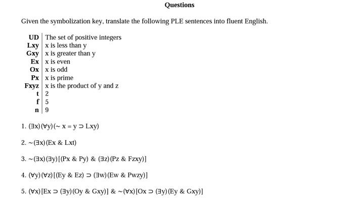 Given the symbolization key, translate the following | Chegg.com