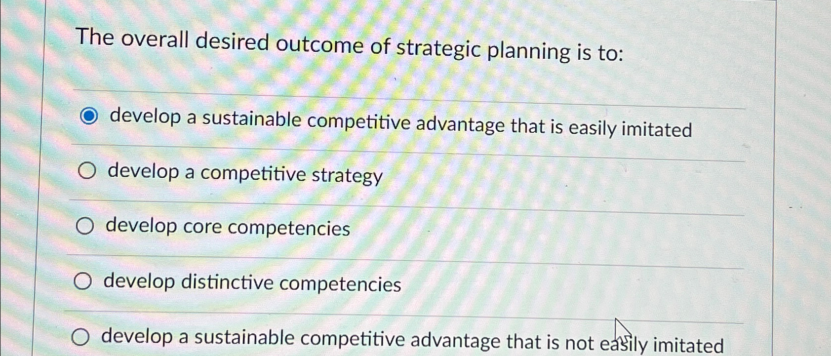 Solved The overall desired outcome of strategic planning is | Chegg.com