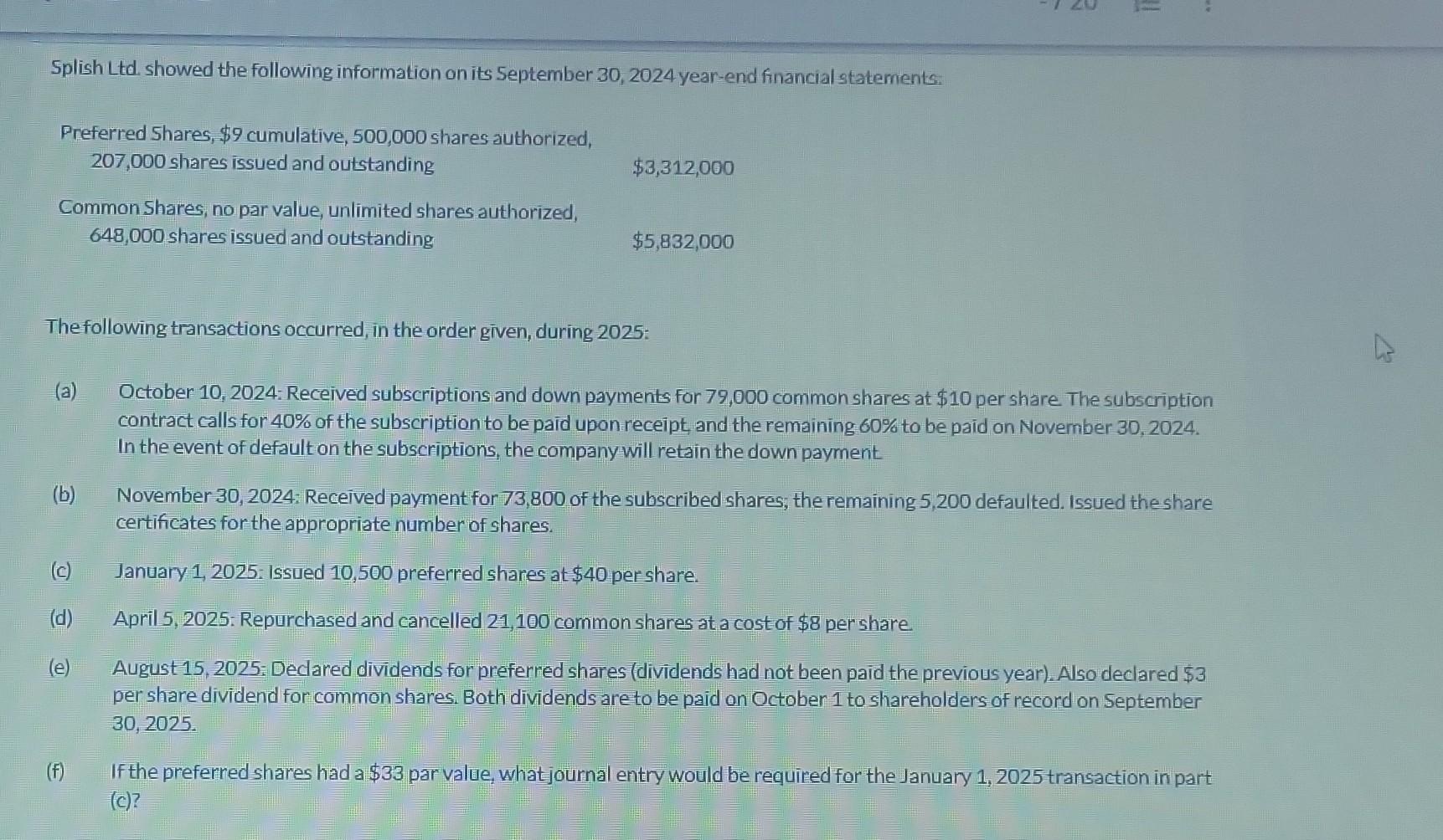 Solved Splish Ltd. showed the following information on its | Chegg.com