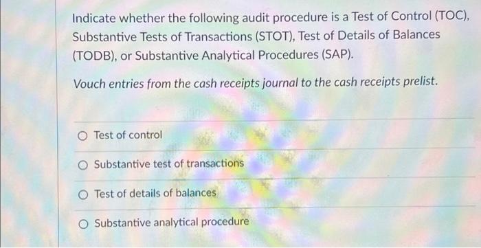 Solved Indicate whether the following audit procedure is a | Chegg.com