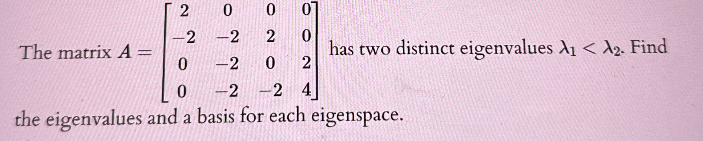 Solved The matrix A=[2000-2-2200-2020-2-24] ﻿has two | Chegg.com