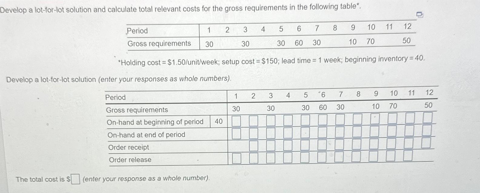 Solved Develop a lot-for-lot solution and calculate total | Chegg.com