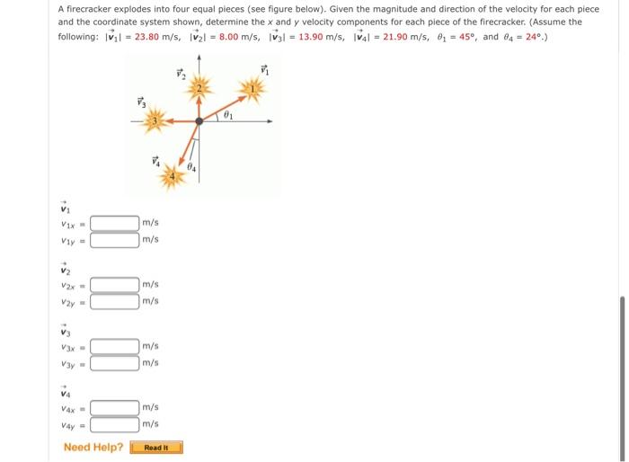 Solved A firecracker explodes into four equal pieces (see | Chegg.com
