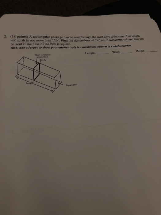Solved 2. (18 points) A rectangular package can be sent | Chegg.com