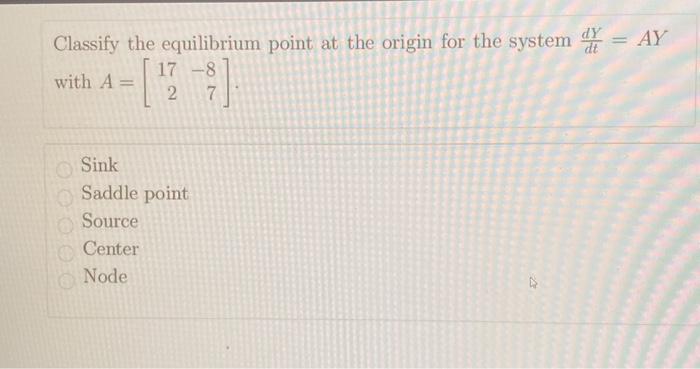 Solved Classify the equilibrium point at the origin for the | Chegg.com